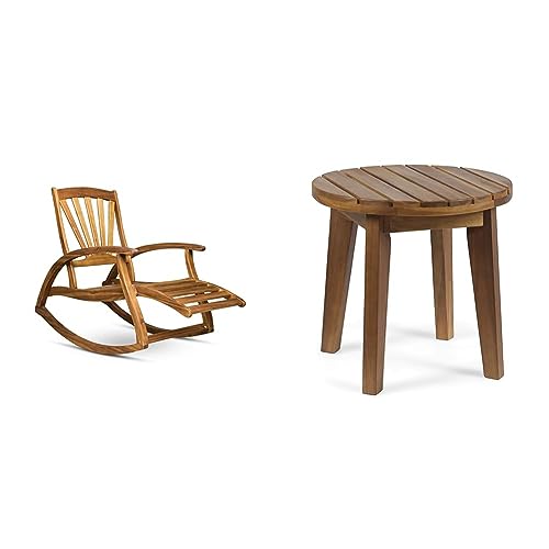 Christopher Knight Home Alva Outdoor Acacia Wood Rocking Chair with Footrest, Teak Finish & Parker Outdoor 16" Acacia Wood Side Table, Teak Finish