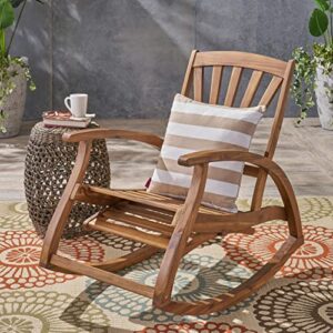 Christopher Knight Home Alva Outdoor Acacia Wood Rocking Chair with Footrest, Teak Finish & Parker Outdoor 16" Acacia Wood Side Table, Teak Finish