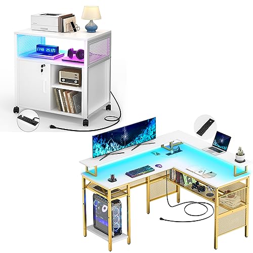 Unikito L Shaped Desk with LED Strip and Power Outlets and Rolling Printer Stand with LED Lights File Cabinet, Home Office Desk and Lateral Office Storage Filing Cabinet, White