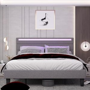 Kallabe Bed Frame Queen Size with Headboard, Upholstered Platform Bed Frame Queen with LED Lights and USB Ports, Linen Fabric Beds with Wooden Slats, No Box Spring Needed, Grey