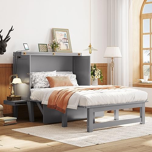 HZXINKEDZSW Full Size Murphy Bed with Removable Shelves on Each Side, Solid Wood Platform Bed Frame with USB Port, Can be Used As A Cabinet, Space-Saving Design, for Bedroom (Gray-03, Full)