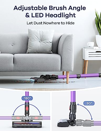 Ganiza Cordless Vacuum Cleaner- 𝟐𝟖𝐊𝐩𝐚 Powerful Suction, 6-in-1 Lightweight Stick Vacuum Cordless with LED Headlight, 40 Min Runtime, Detachable Wand for Hardwood Floor Carpet Pet Hair, Purple