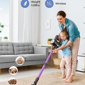 Ganiza Cordless Vacuum Cleaner- 𝟐𝟖𝐊𝐩𝐚 Powerful Suction, 6-in-1 Lightweight Stick Vacuum Cordless with LED Headlight, 40 Min Runtime, Detachable Wand for Hardwood Floor Carpet Pet Hair, Purple