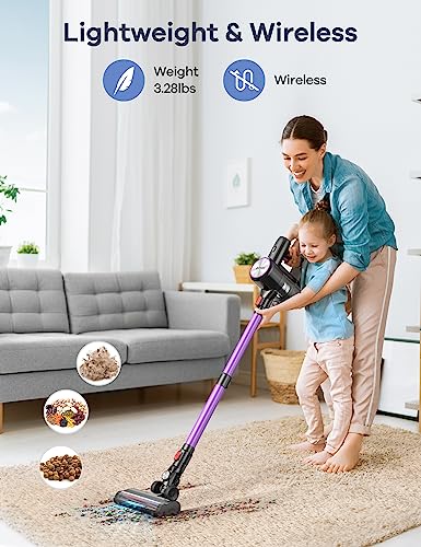 Ganiza Cordless Vacuum Cleaner- 𝟐𝟖𝐊𝐩𝐚 Powerful Suction, 6-in-1 Lightweight Stick Vacuum Cordless with LED Headlight, 40 Min Runtime, Detachable Wand for Hardwood Floor Carpet Pet Hair, Purple