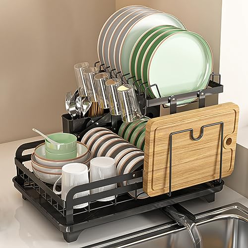 IBEDMAZIE Dish Drying Rack Large Size Without Installation 2-Tier Metal Dish Rack for Kitchen Counter with Drain Board (Black)