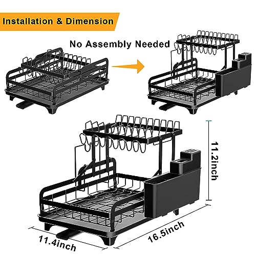 IBEDMAZIE Dish Drying Rack Large Size Without Installation 2-Tier Metal Dish Rack for Kitchen Counter with Drain Board (Black)