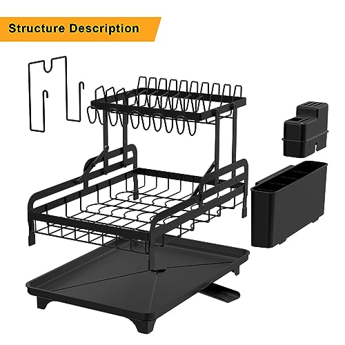 IBEDMAZIE Dish Drying Rack Large Size Without Installation 2-Tier Metal Dish Rack for Kitchen Counter with Drain Board (Black)