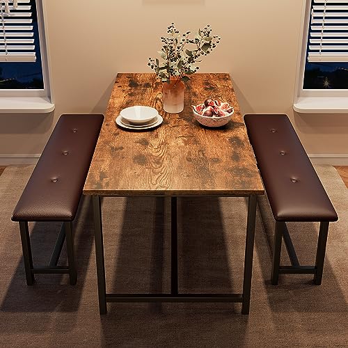 Fancihabor Dining Table Set for 4, Kitchen Table with Benches, Rectangular Dining Room Table Set with Upholstered Benches, 3 Piece Kitchen Table Set for Small Space, Apartment, Rustic Brown