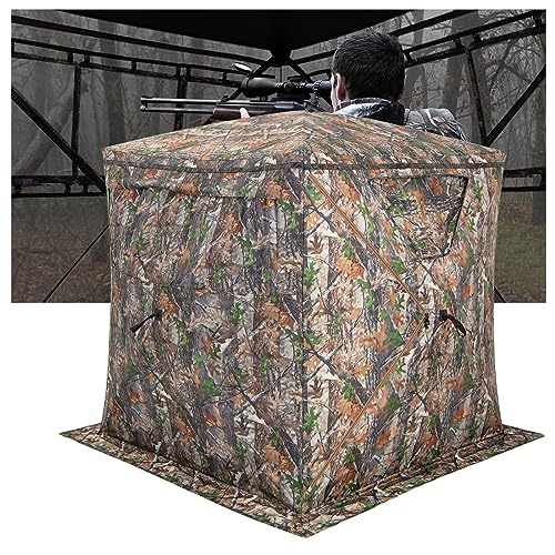 Tangkula Hunting Blind, 2-3 Person 270 Degree See Through Ground Blind with Silent Sliding Windows & Zippered Door, Portable Pop Up Deer Blind with Carrying Bag for Turkey & Deer Hunting