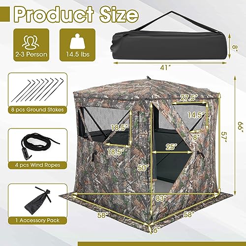 Tangkula Hunting Blind, 2-3 Person 270 Degree See Through Ground Blind with Silent Sliding Windows & Zippered Door, Portable Pop Up Deer Blind with Carrying Bag for Turkey & Deer Hunting