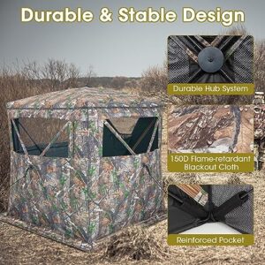 Tangkula Hunting Blind, 2-3 Person 270 Degree See Through Ground Blind with Silent Sliding Windows & Zippered Door, Portable Pop Up Deer Blind with Carrying Bag for Turkey & Deer Hunting