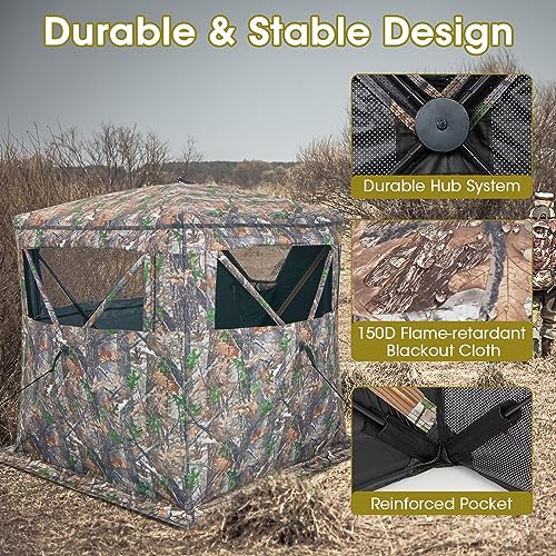 Tangkula Hunting Blind, 2-3 Person 270 Degree See Through Ground Blind with Silent Sliding Windows & Zippered Door, Portable Pop Up Deer Blind with Carrying Bag for Turkey & Deer Hunting