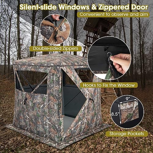 Tangkula Hunting Blind, 2-3 Person 270 Degree See Through Ground Blind with Silent Sliding Windows & Zippered Door, Portable Pop Up Deer Blind with Carrying Bag for Turkey & Deer Hunting