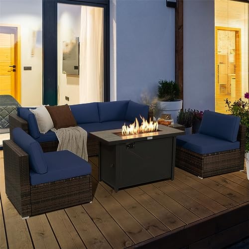 SDGH 7PCS Patio Rattan Furniture Set Fire Pit Table Cover Cushion Navy