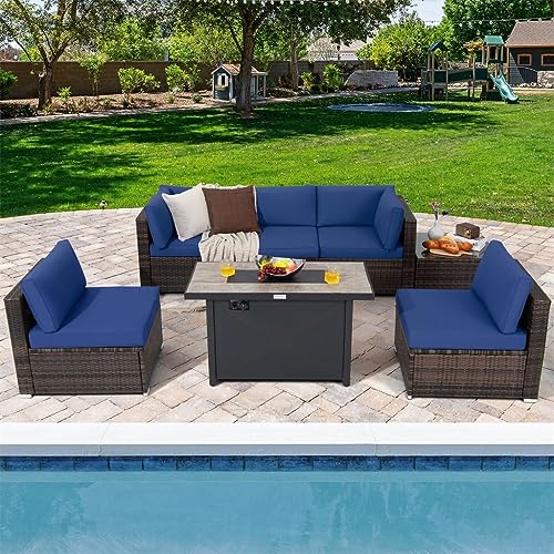 SDGH 7PCS Patio Rattan Furniture Set Fire Pit Table Cover Cushion Navy