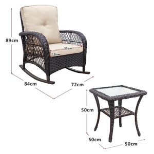 3 Pieces Outdoor Wicker Rocker Patio Bistro Set, Rocking Chairs with Tempered Glass Table Side Table, Outdoor Wicker Rocking Chair with Cushions Dark Brown