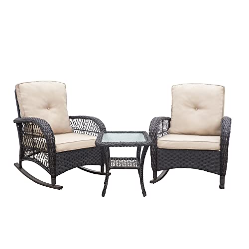 3 Pieces Outdoor Wicker Rocker Patio Bistro Set, Rocking Chairs with Tempered Glass Table Side Table, Outdoor Wicker Rocking Chair with Cushions Dark Brown