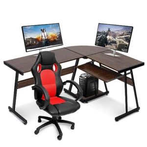 ENGERIO L-Shaped Computer Desk Reversible Office Desk with Keyboard CPU Power Tray Stand Modern Home Office Corner Table Gaming Desk Student Study Bedroom Writing Table (Brown)