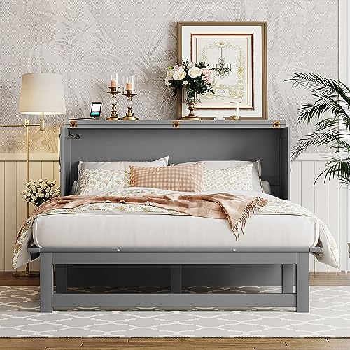 Harper & Bright Designs Queen Size Murphy Bed, Queen Murphy Cabinet Bed with USB Port and Removable Shelves on Each Side, Gray