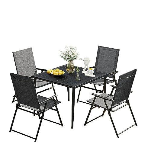 VICLLAX 5 Pieces Patio Dining Set, Outdoor Furniture 4 Sling Dining Chair Swivel Rocker Chairs and Metal Frame Slat Larger Square Table for Backyard Deck Garden Lawn Porch Poolside