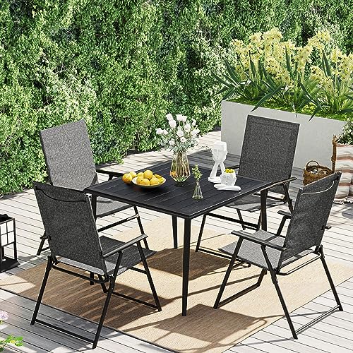 VICLLAX 5 Pieces Patio Dining Set, Outdoor Furniture 4 Sling Dining Chair Swivel Rocker Chairs and Metal Frame Slat Larger Square Table for Backyard Deck Garden Lawn Porch Poolside