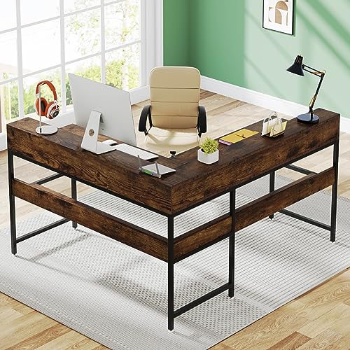 Tribesigns L Shaped Computer Desk with Monitor Stand and Storage Shelf, Rustic Large Corner Computer Desk, Gaming Table Workstation with Bookshelves for Home Office，54”L*47”W