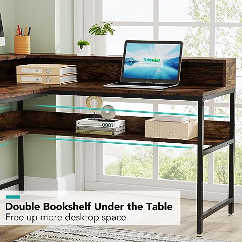 Tribesigns L Shaped Computer Desk with Monitor Stand and Storage Shelf, Rustic Large Corner Computer Desk, Gaming Table Workstation with Bookshelves for Home Office，54”L*47”W