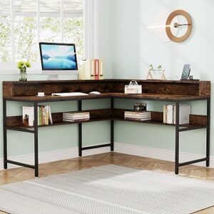 Tribesigns L Shaped Computer Desk with Monitor Stand and Storage Shelf, Rustic Large Corner Computer Desk, Gaming Table Workstation with Bookshelves for Home Office，54”L*47”W