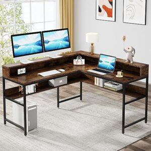 Tribesigns L Shaped Computer Desk with Monitor Stand and Storage Shelf, Rustic Large Corner Computer Desk, Gaming Table Workstation with Bookshelves for Home Office，54”L*47”W