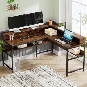 Tribesigns L Shaped Computer Desk with Monitor Stand and Storage Shelf, Rustic Large Corner Computer Desk, Gaming Table Workstation with Bookshelves for Home Office，54”L*47”W