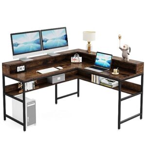 Tribesigns L Shaped Computer Desk with Monitor Stand and Storage Shelf, Rustic Large Corner Computer Desk, Gaming Table Workstation with Bookshelves for Home Office，54”L*47”W