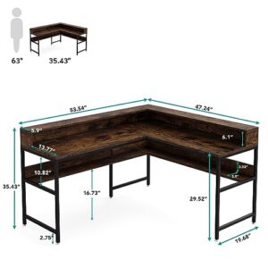 Tribesigns L Shaped Computer Desk with Monitor Stand and Storage Shelf, Rustic Large Corner Computer Desk, Gaming Table Workstation with Bookshelves for Home Office，54”L*47”W