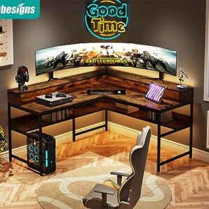 Tribesigns L Shaped Computer Desk with Monitor Stand and Storage Shelf, Rustic Large Corner Computer Desk, Gaming Table Workstation with Bookshelves for Home Office，54”L*47”W