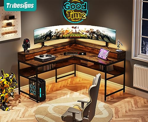 Tribesigns L Shaped Computer Desk with Monitor Stand and Storage Shelf, Rustic Large Corner Computer Desk, Gaming Table Workstation with Bookshelves for Home Office，54”L*47”W