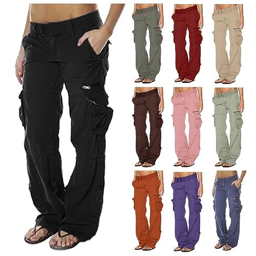 Canbebig High Waisted Cargo Pants Women Baggy Straight Wide Leg Pants Casual Loose Trousers with Multi-Pockets Y2K Streetwear