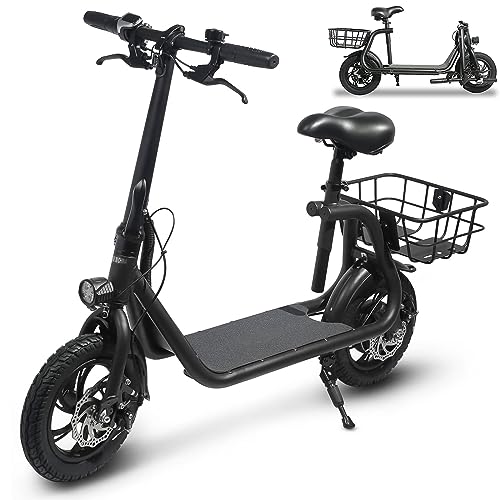 Electric Scooter for Adults, 20 Miles Range 15.5MPH Foldable Commuter E-Scooter with Seat, 450W Powerful Motor 36V 8Ah Battery 12" Air Tire Sport Scooters with Basket (Black)