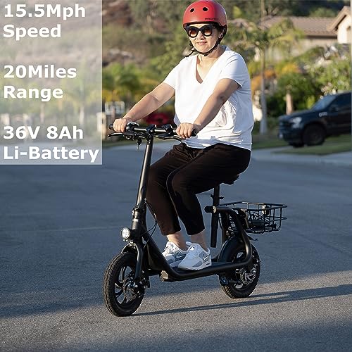 Electric Scooter for Adults, 20 Miles Range 15.5MPH Foldable Commuter E-Scooter with Seat, 450W Powerful Motor 36V 8Ah Battery 12" Air Tire Sport Scooters with Basket (Black)