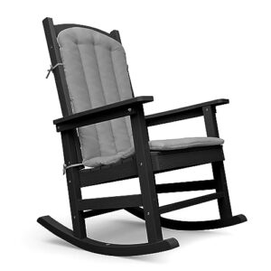 yefu outdoor rocking chair with thin cushion, adirondack chair for indoor and outdoor, used in patio, fire pit, deck, garden, campfire chairs(black chair+gray cushion)