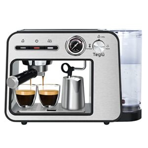 teglu espresso machine 20 bar with milk frother, semi-automatic latte & cappuccino coffee maker duo-cup 33oz/1l removable water tank for home/office, 1450w, stainless steel