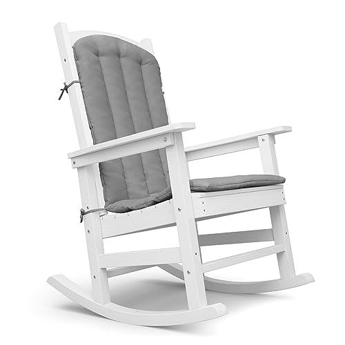 YEFU Outdoor Rocking Chair with Thin Cushion, Adirondack Chair for Indoor and Outdoor, Used in Patio, Fire Pit, Deck, Garden, Campfire Chairs(White Chair+Gray Cushion)