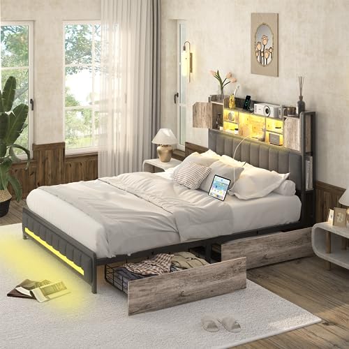 Full Size Bed Frame with Bookcase Headboard & Storage Drawers, Bed Frame Full Size with LED Lights & Charging Station, Heavy Duty Metal Bed Frame for Kids Adults, No Box Spring Needed, Charcoal Gray