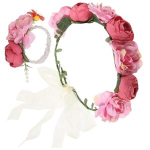 frcolor 1 set wreath headband women’s suits girls accessories wedding headband flower crowns corsage flower corsage wristlet miss pink fabric wristband flower girl flower rings for women