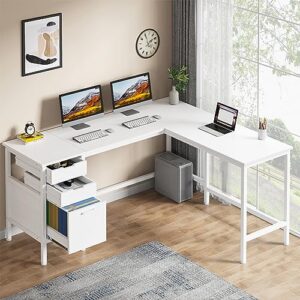 tribesigns l shaped desk with file drawer cabinet, 59 inch corner desk l shaped computer desk with drawers, pc table writing desk for home office, white