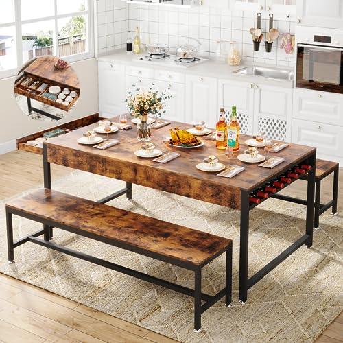 Loomie 63" Dining Table Set for 4-6, 3-Piece Kitchen Table with 2 Utensil Drawers, 2 Benches & Wine Rack, Modern Space Saving & Heavy Duty Dinner Table Set with Metal Frame & MDF Board, Rustic Brown