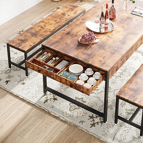 Loomie 63" Dining Table Set for 4-6, 3-Piece Kitchen Table with 2 Utensil Drawers, 2 Benches & Wine Rack, Modern Space Saving & Heavy Duty Dinner Table Set with Metal Frame & MDF Board, Rustic Brown