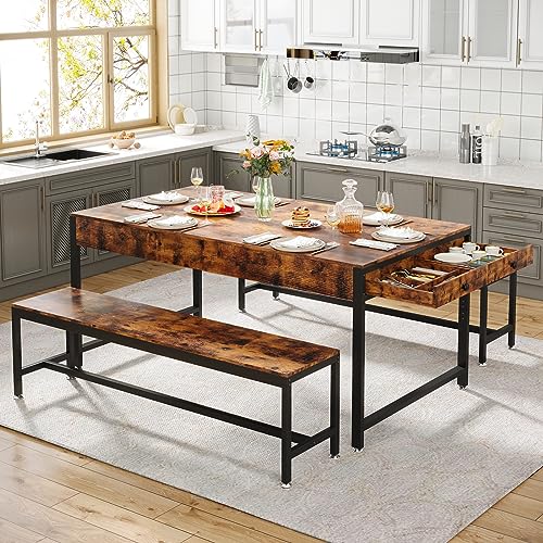 Loomie 63" Dining Table Set for 4-6, 3-Piece Kitchen Table with 2 Utensil Drawers, 2 Benches & Wine Rack, Modern Space Saving & Heavy Duty Dinner Table Set with Metal Frame & MDF Board, Rustic Brown