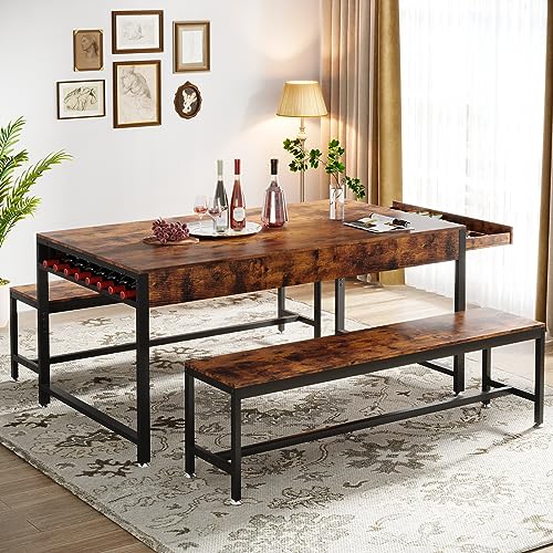 Loomie 63" Dining Table Set for 4-6, 3-Piece Kitchen Table with 2 Utensil Drawers, 2 Benches & Wine Rack, Modern Space Saving & Heavy Duty Dinner Table Set with Metal Frame & MDF Board, Rustic Brown