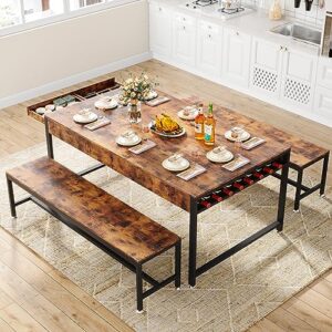 Loomie 63" Dining Table Set for 4-6, 3-Piece Kitchen Table with 2 Utensil Drawers, 2 Benches & Wine Rack, Modern Space Saving & Heavy Duty Dinner Table Set with Metal Frame & MDF Board, Rustic Brown