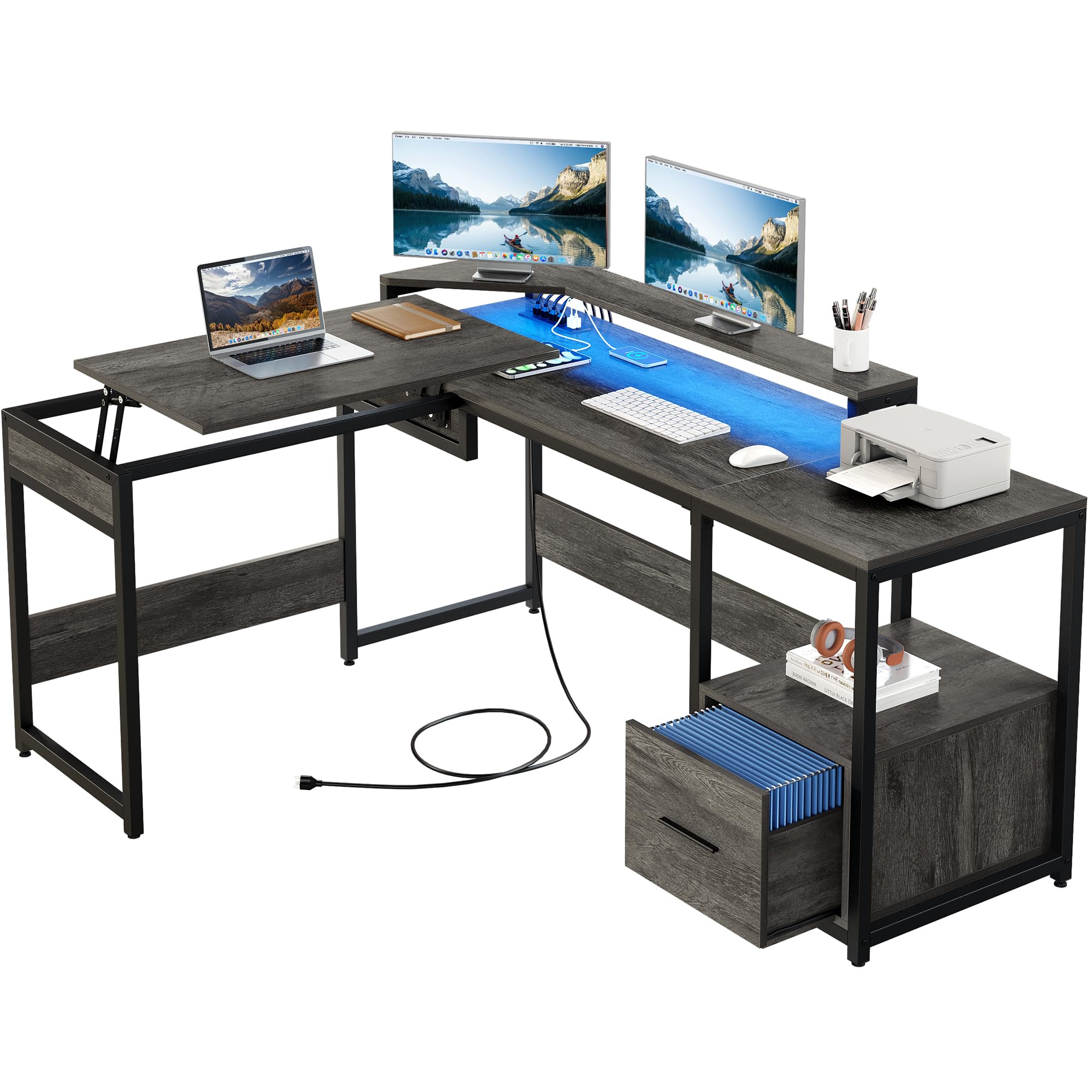 YITAHOME L Shaped Desk with Power Outlets & LED Lights, 65" Large Computer Desk with File Drawer & Lift Top, Height Adjustable Standing Desk with Monitor Stand & Storage Shelves, Grey