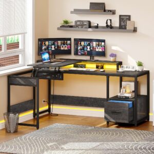 YITAHOME L Shaped Desk with Power Outlets & LED Lights, 65" Large Computer Desk with File Drawer & Lift Top, Height Adjustable Standing Desk with Monitor Stand & Storage Shelves, Grey